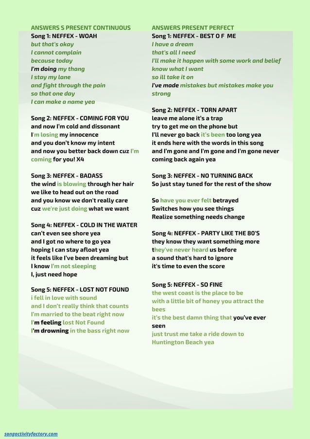 REVIEWING VERB TENSES WITH SONGS: SONG PIECES! (TEACHING WITH SONGS) | PDF