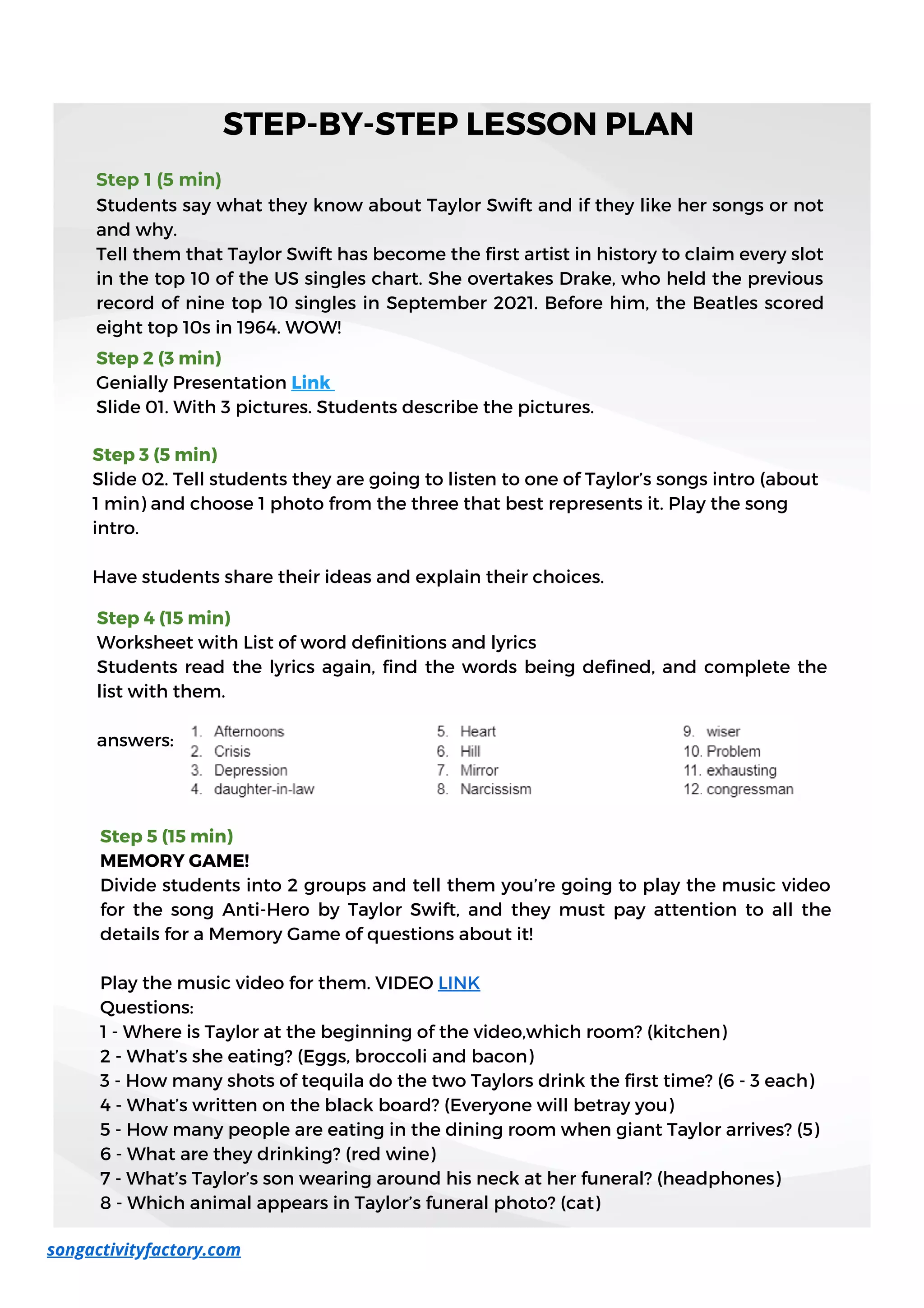 Teach English Creatively: Word Definitions & Memory Game With Taylor Swift - Anti-Hero! | PDF