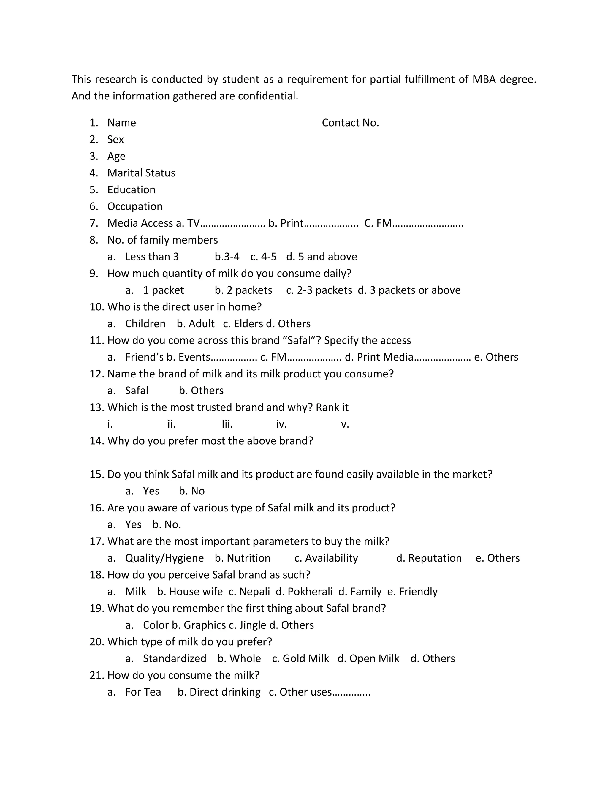 Safal questionaire | DOCX