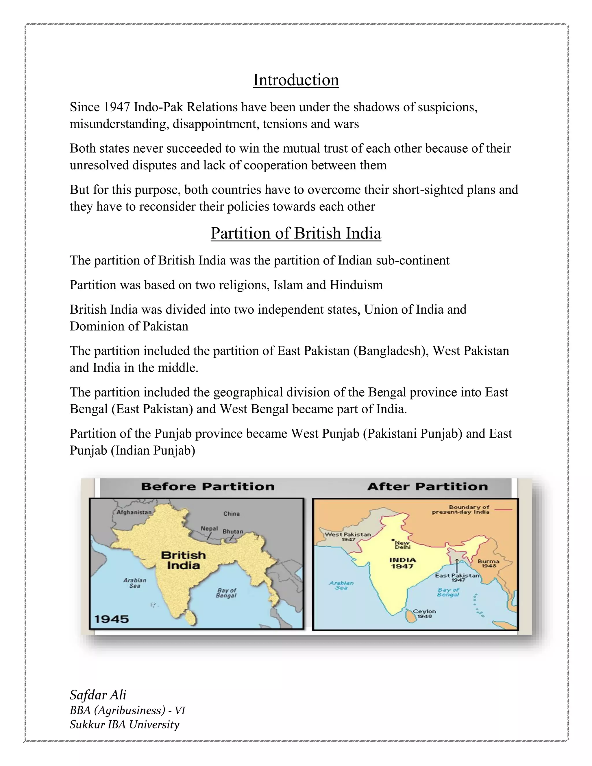 Safdar ali_Pak-india relations assignment | PDF