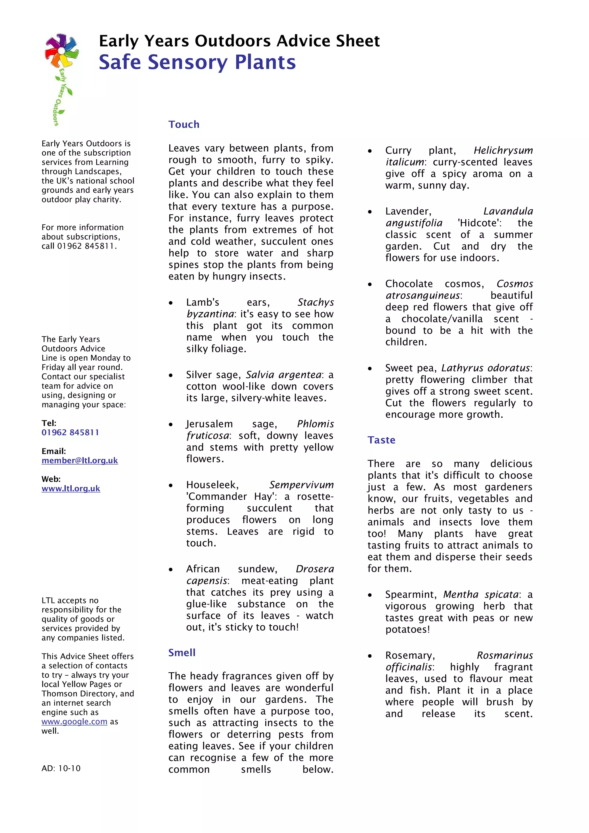 Safe Sensory Plants: Early Years Outdoors Learning | PDF