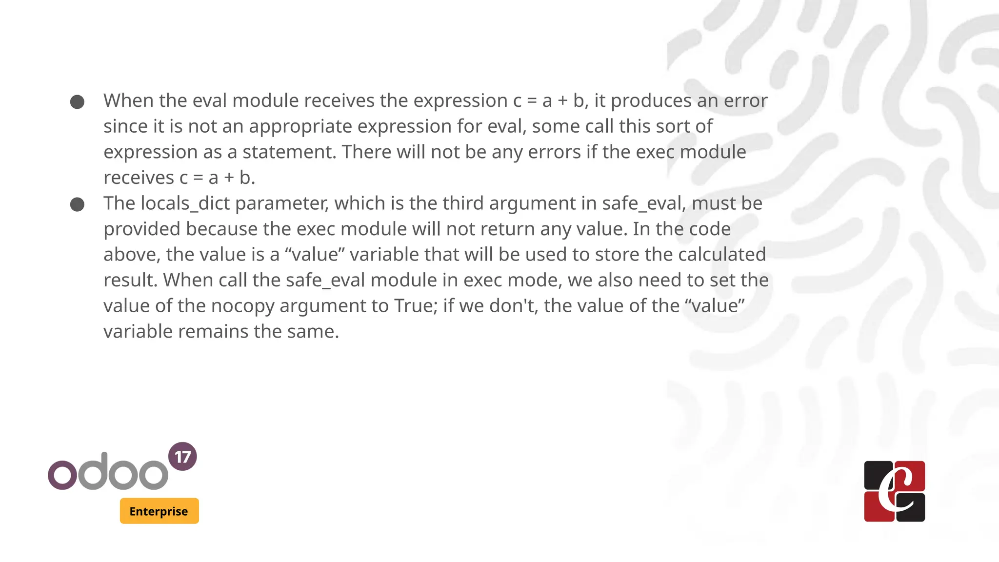 Safe_eval in Odoo 17 - Odoo 17 Technical Slides | PPTX | Programming Languages | Computing