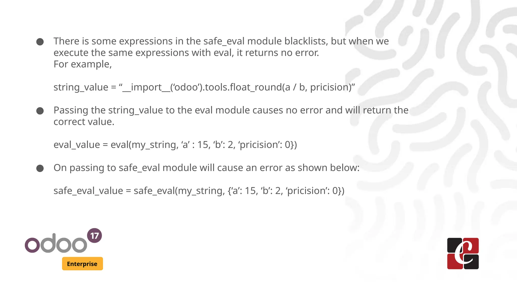 Safe_eval in Odoo 17 - Odoo 17 Technical Slides | PPTX | Programming Languages | Computing