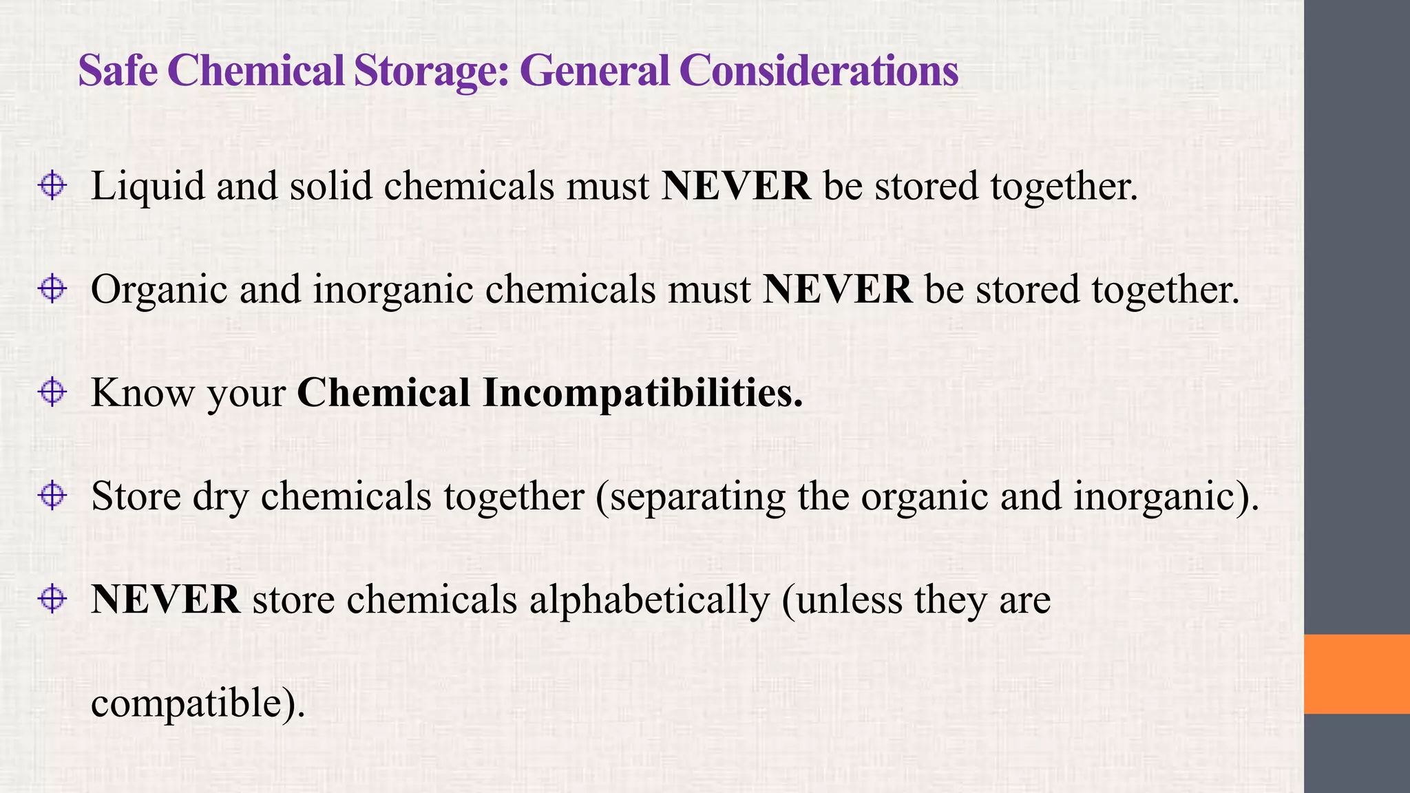 Safe laboratory Practices, Chemical Storage and laboratory safety ...