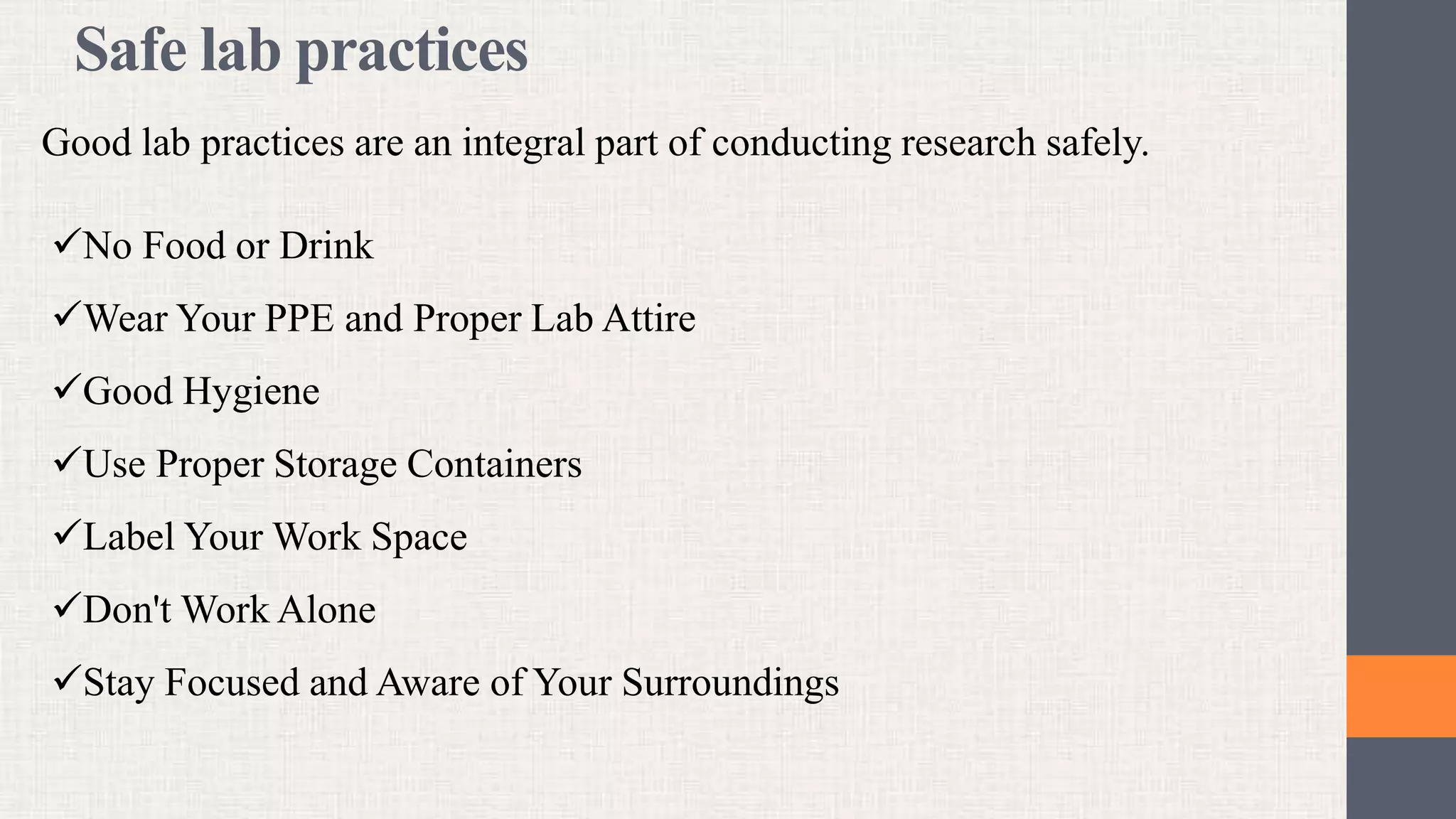 Safe laboratory Practices, Chemical Storage and laboratory safety ...
