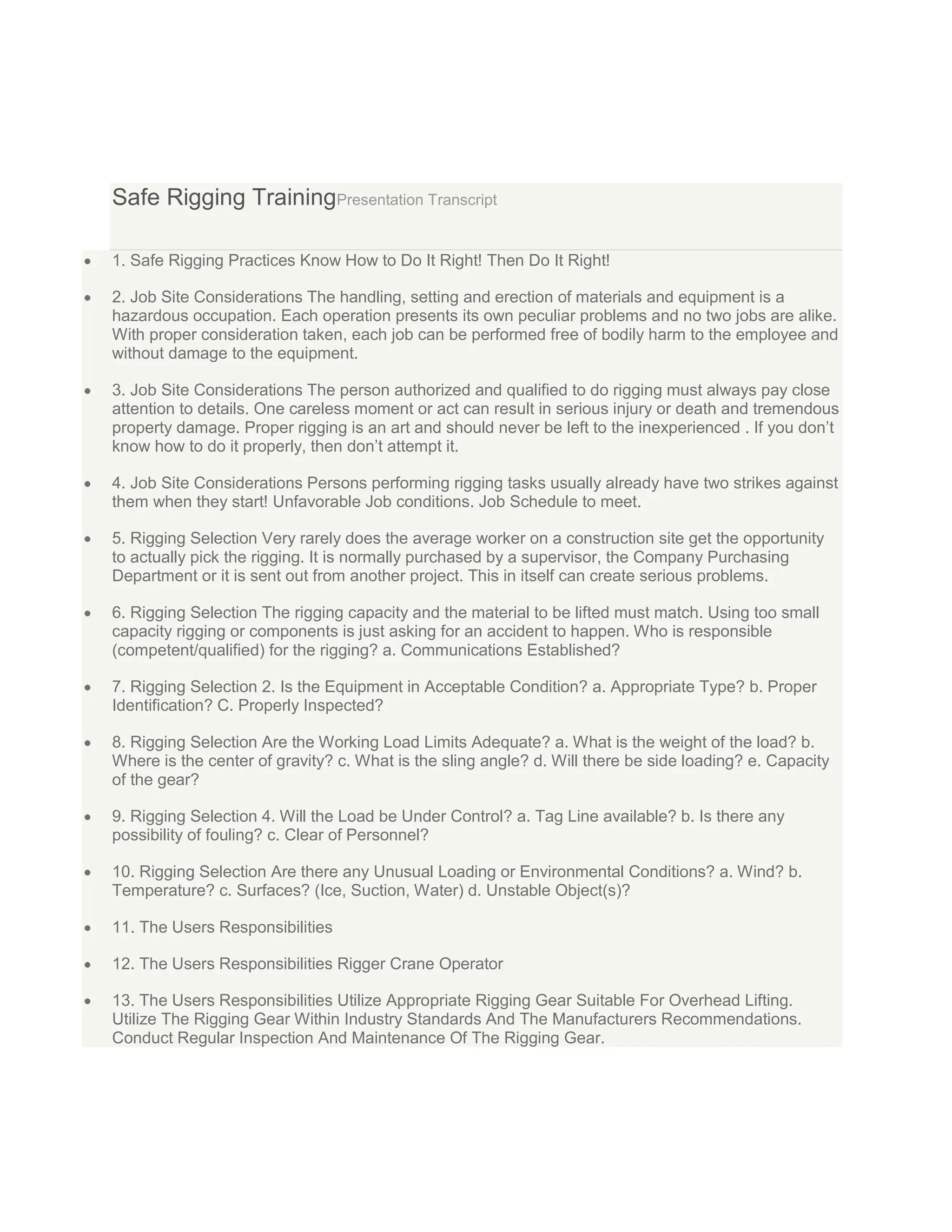 Safe rigging training presentation transcript | DOCX
