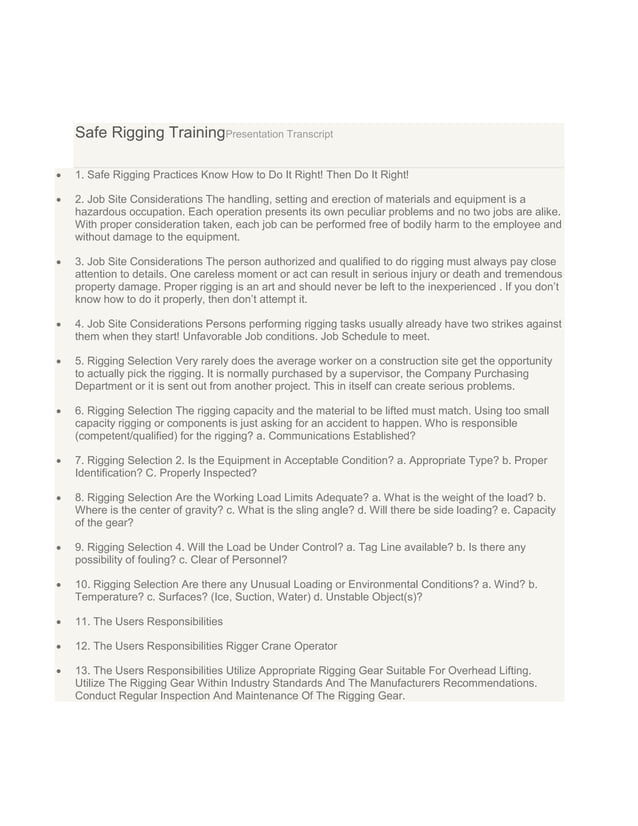 Safe rigging training presentation transcript | PDF
