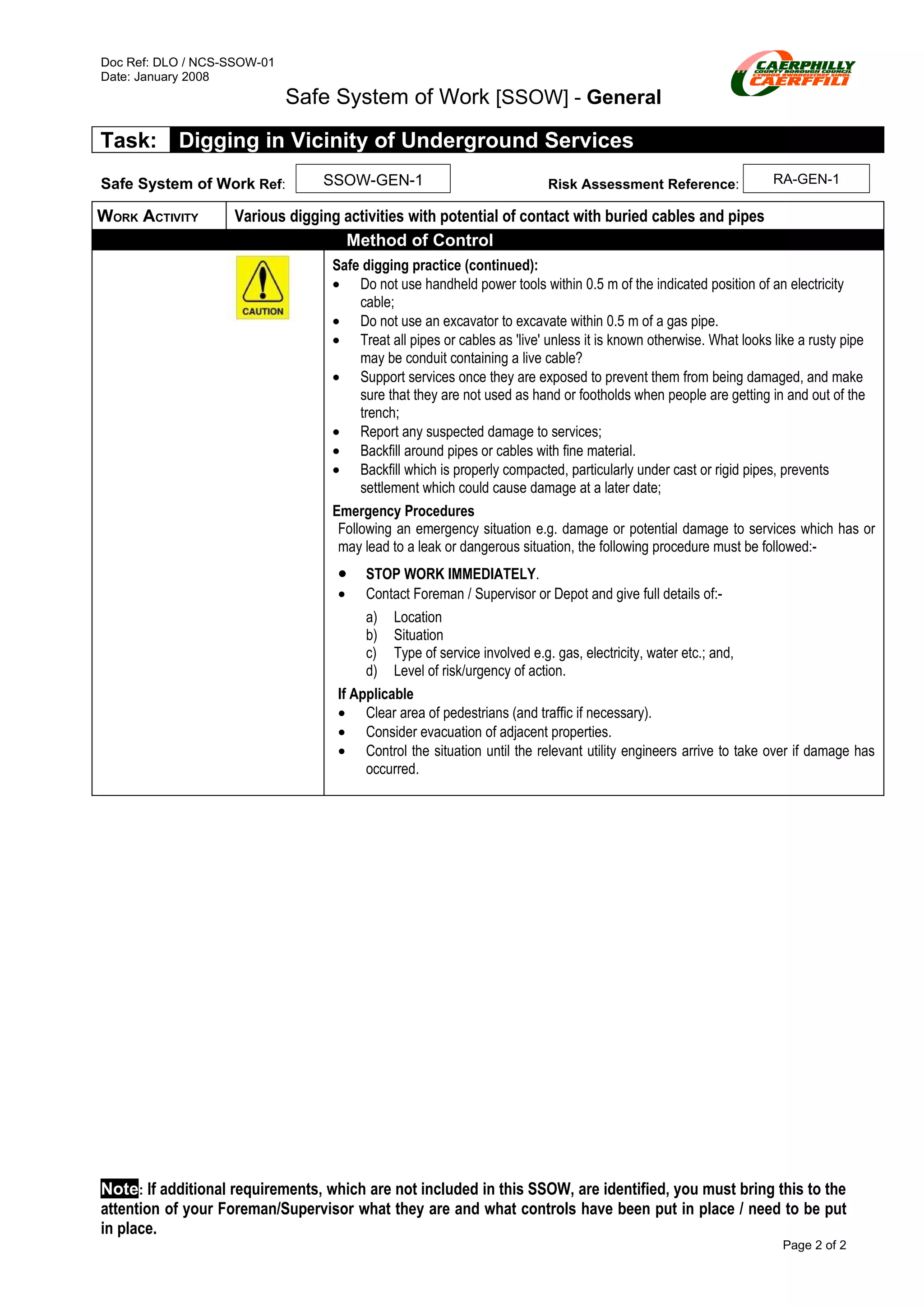 Safe System Of Work [SSOW Gen 01 [Digging In Vicinity Of Und | DOC