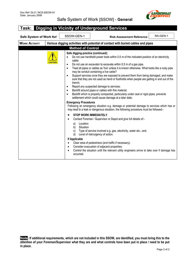 Safe System Of Work [SSOW Gen 01 [Digging In Vicinity Of Und | DOC ...