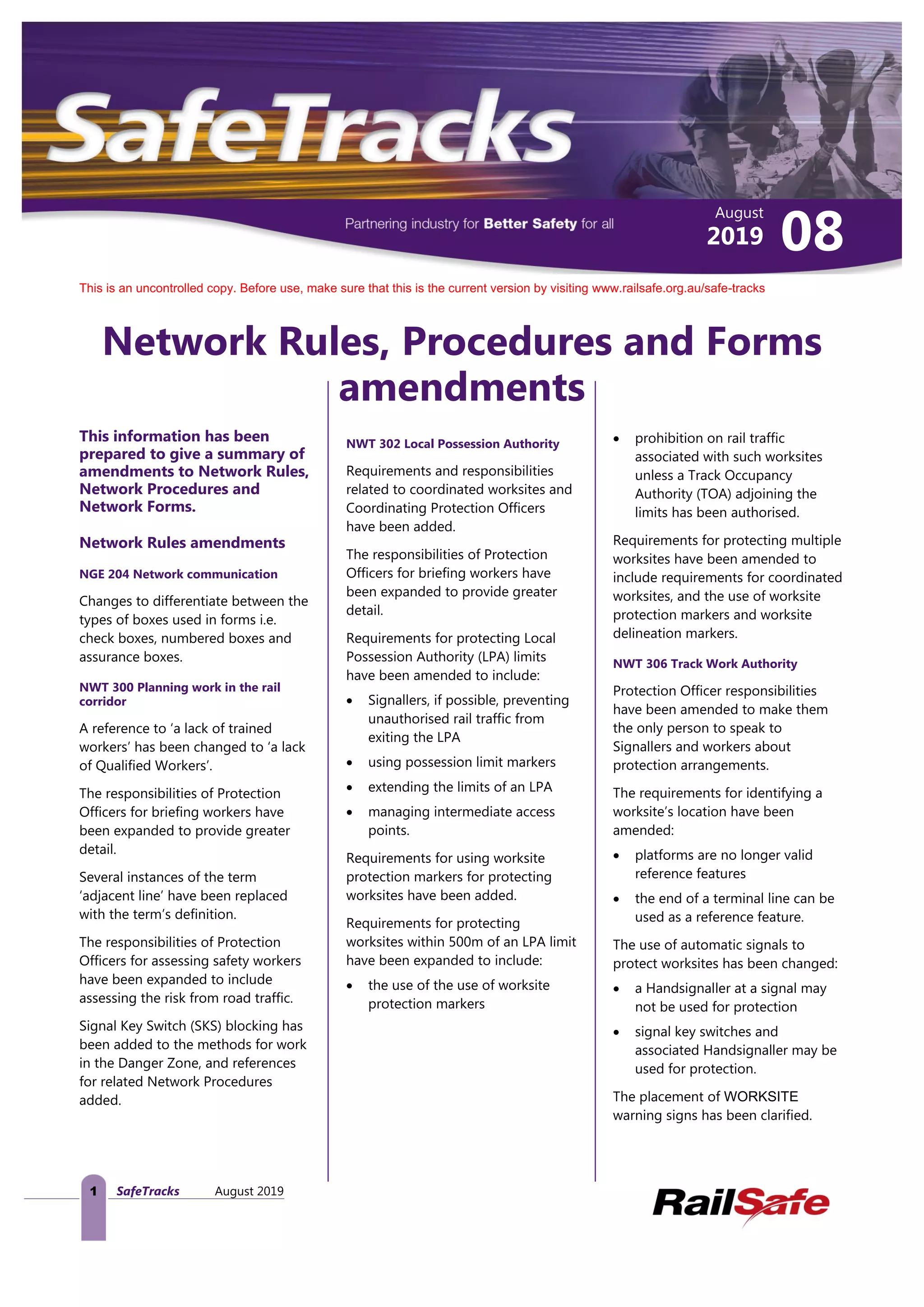 Safe tracks 2019 08-network rules amendments | PDF