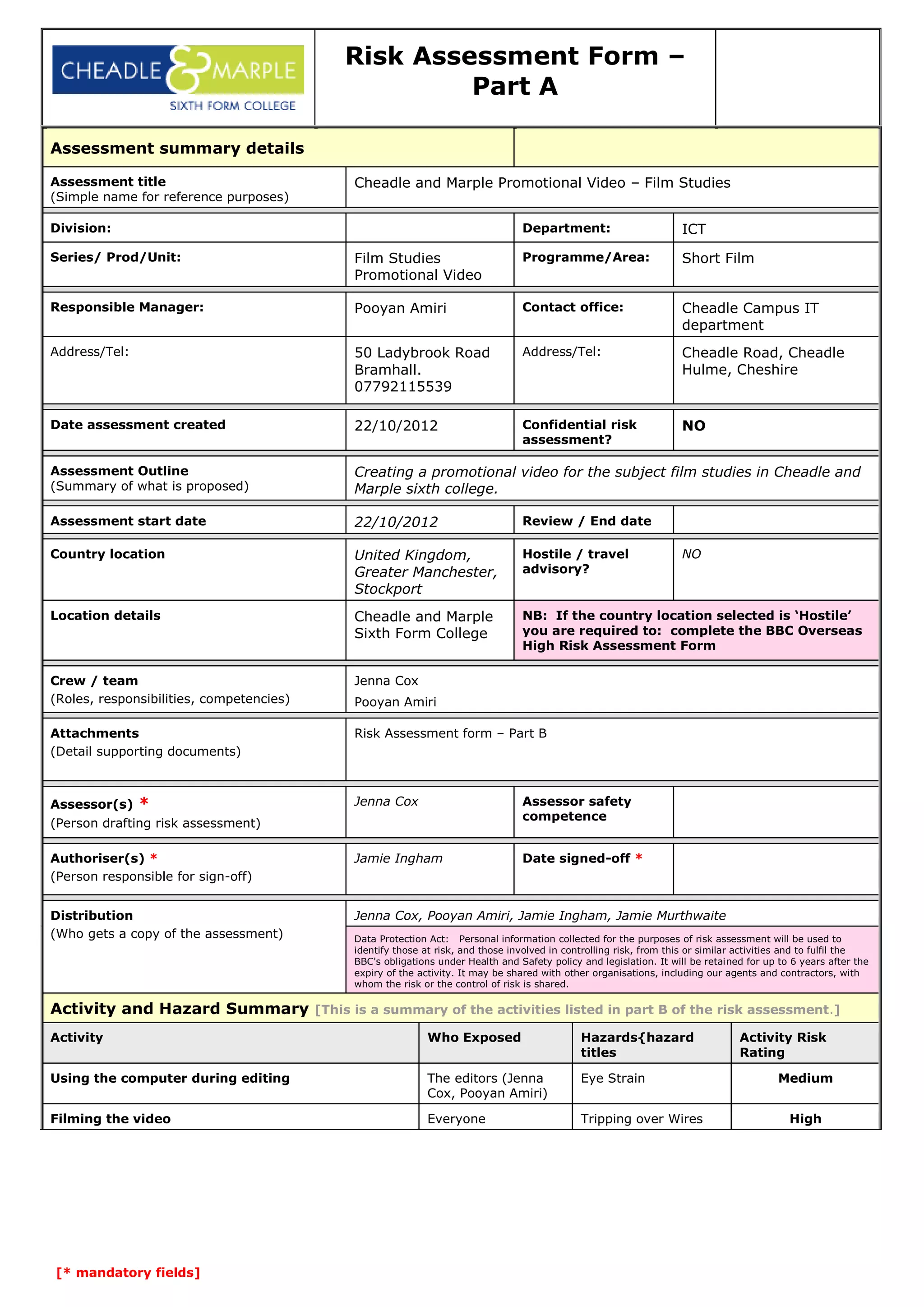 Safety risk assessment-form_dec09 | PDF | Video Production | Content ...