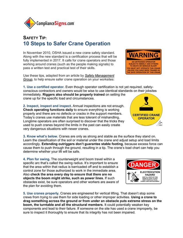 Safety Tip: 10 Steps to Safer Crane Operation | PDF