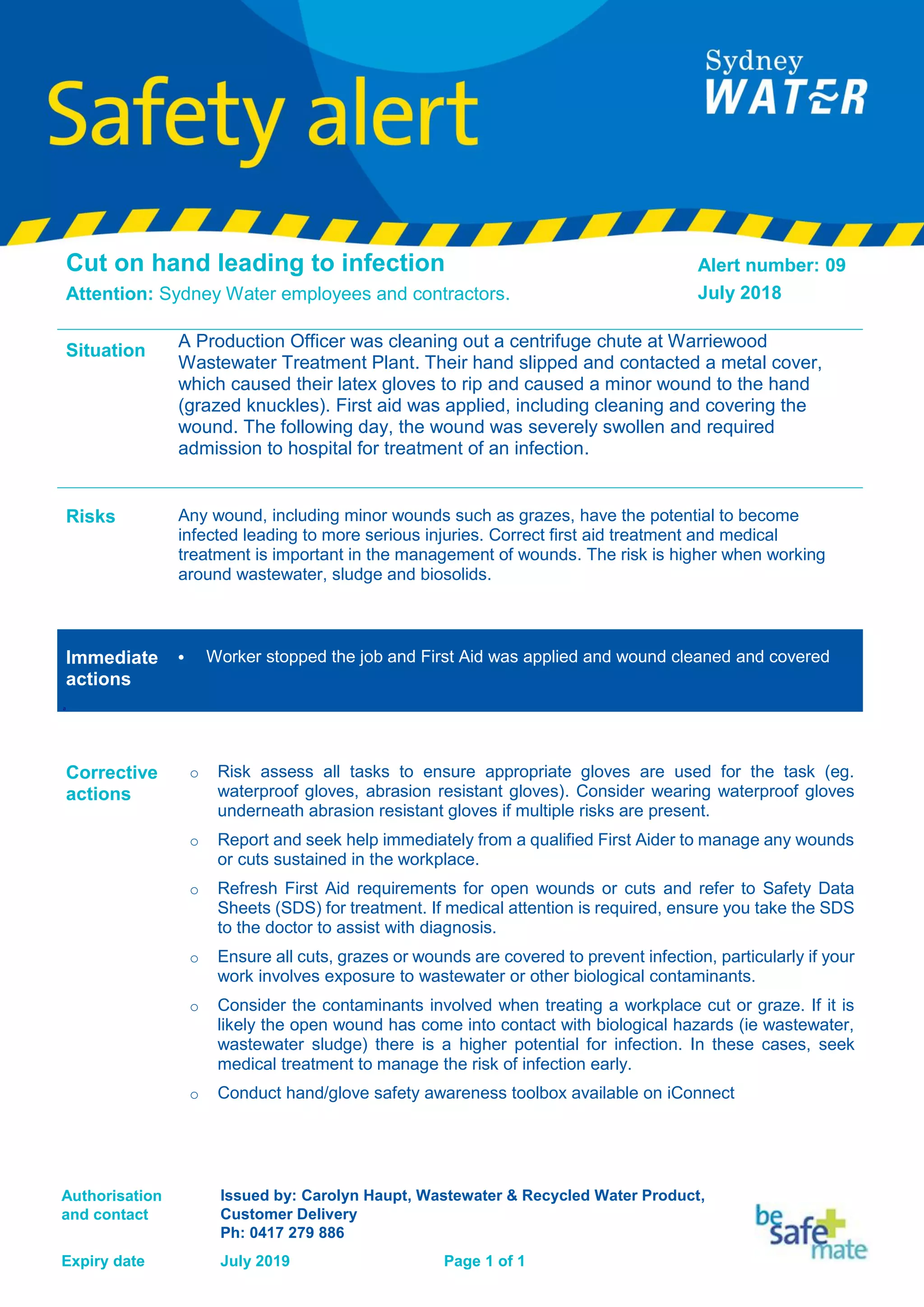 Safety alert 08 july 2018 cut on hand leading to infection | PDF