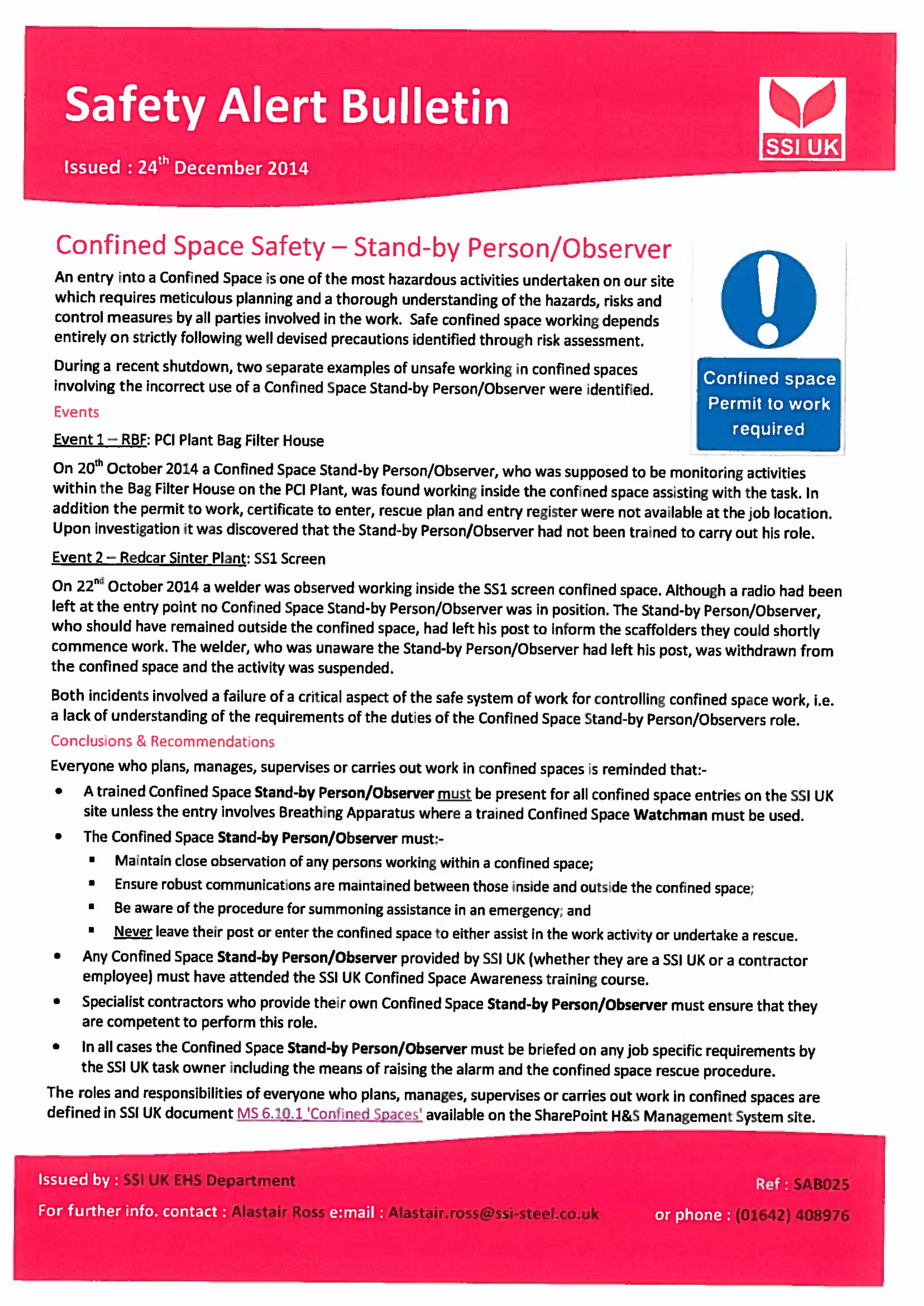 Safety Alert - Confined Space Entry | Standby Person/Observer | PDF