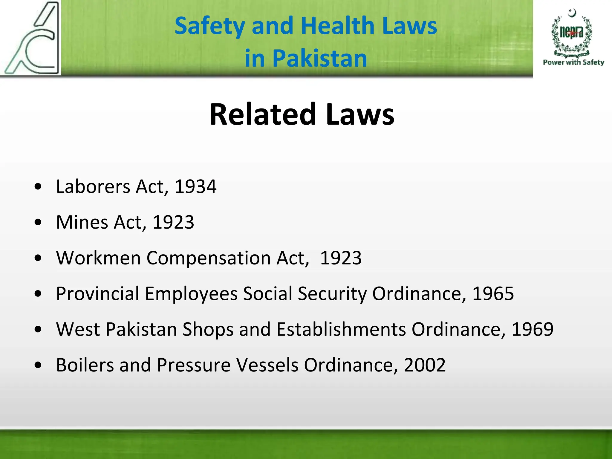 Safety and Health Laws in Pakistan NePra | PPTX