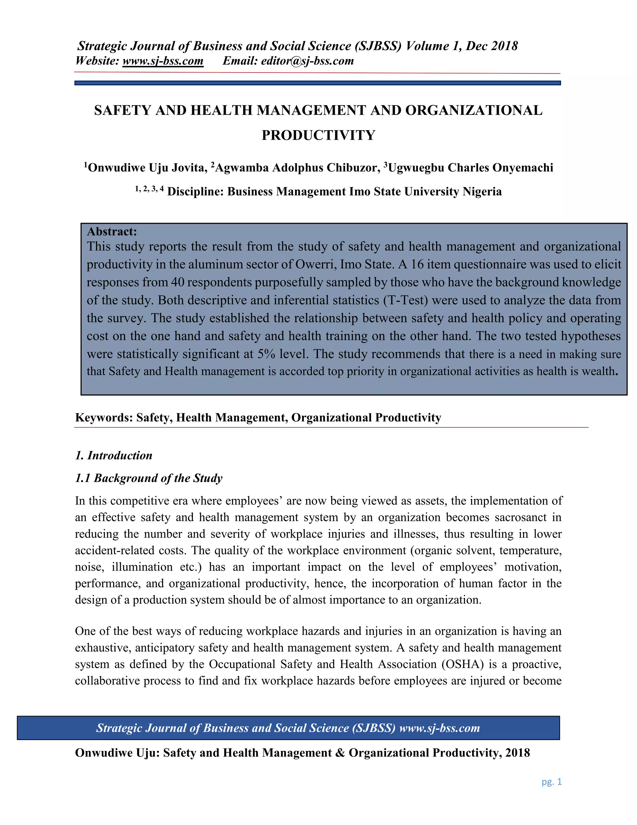 Safety and health management and organizational productivity edited ...