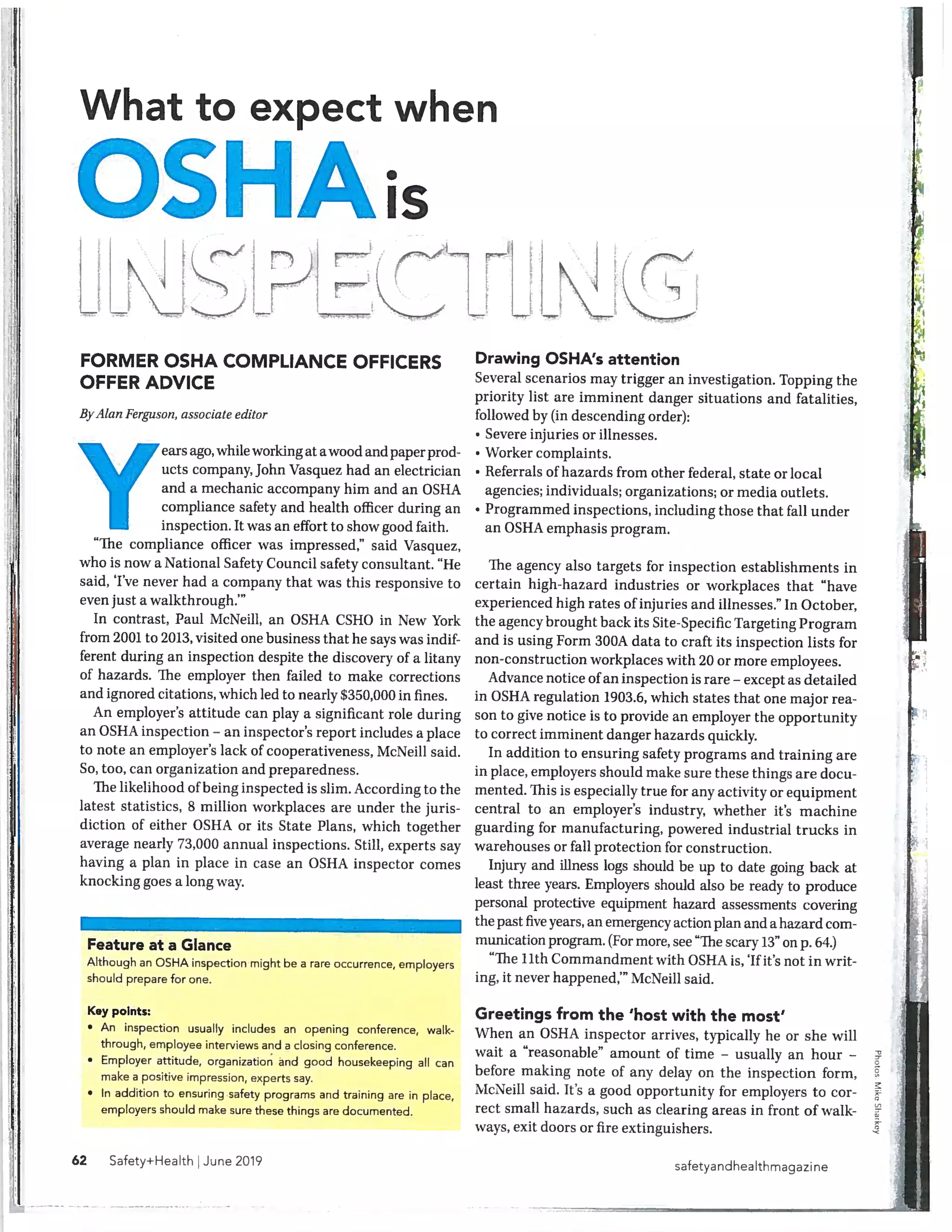 What to Expect When OSHA is Inspecting / Safety & Health Magazine | PDF