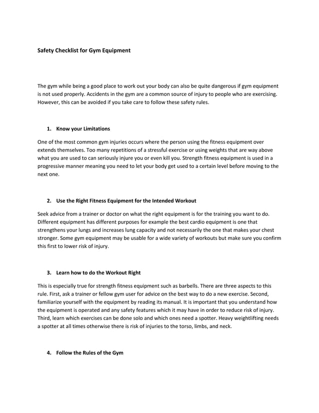 Safety checklist for gym equipment www.gymandfitness.com.au - 20 june ...