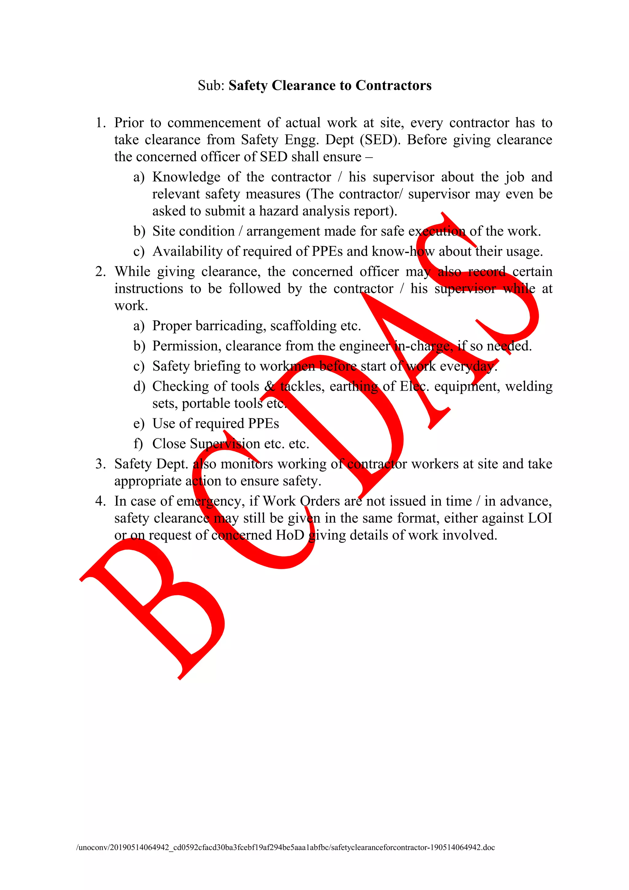 Safety clearance for contractor before start of job | DOC