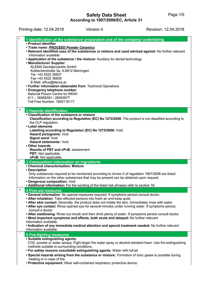 Safety Data Sheet Proceed Powder Ceramics - GC India Dentals | PDF