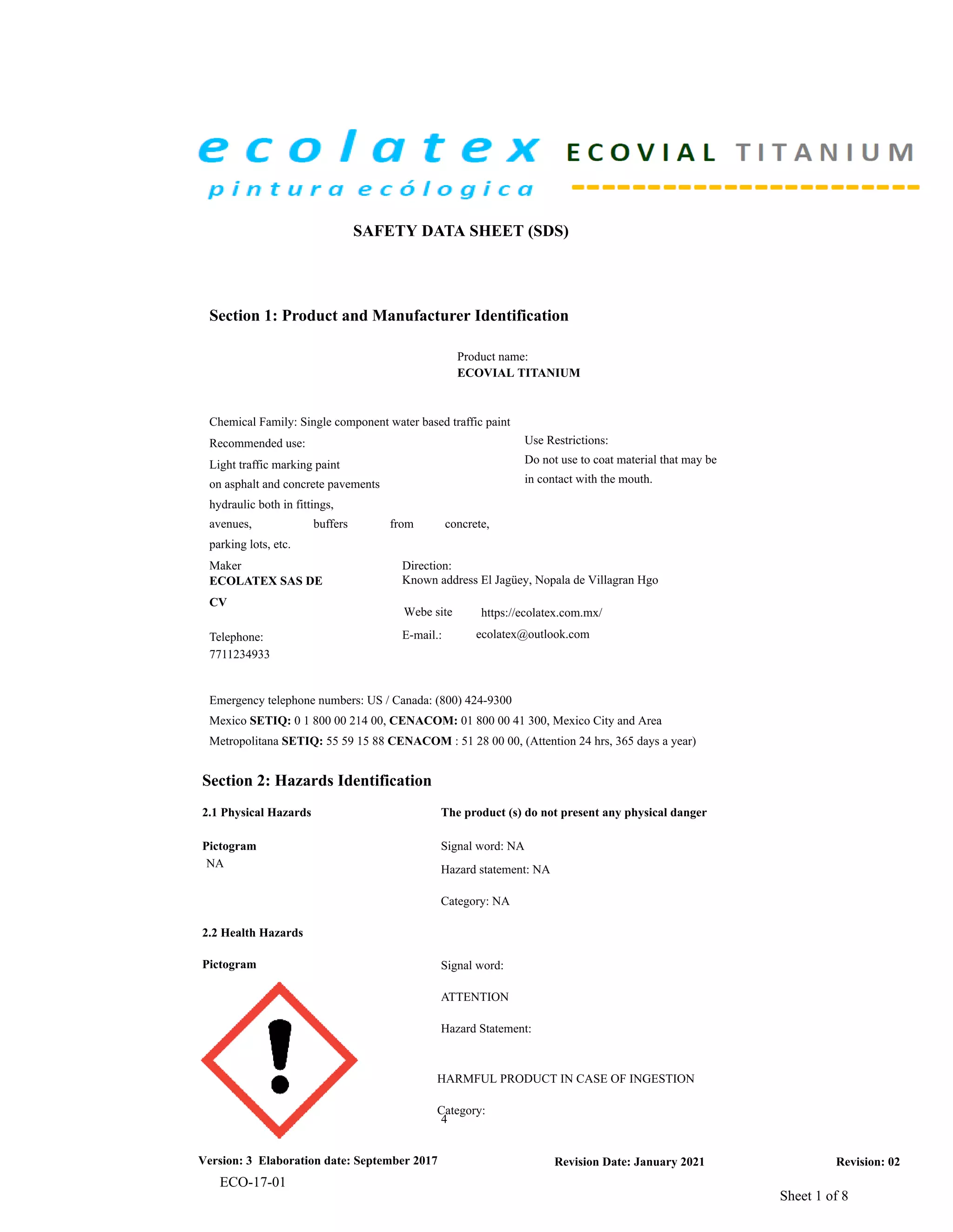 Safety data sheet (sds), ecovial titanium, eanglish | PDF