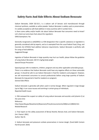 Safety facts and side effects about sodium benzoate | PDF