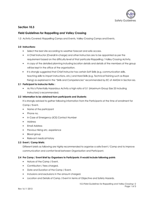 Safety guidelines by ec 10.3 field guidelines for rappelling and valley ...