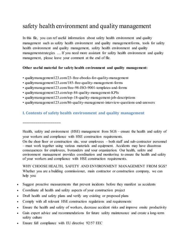 Safety health environment and quality management | DOCX