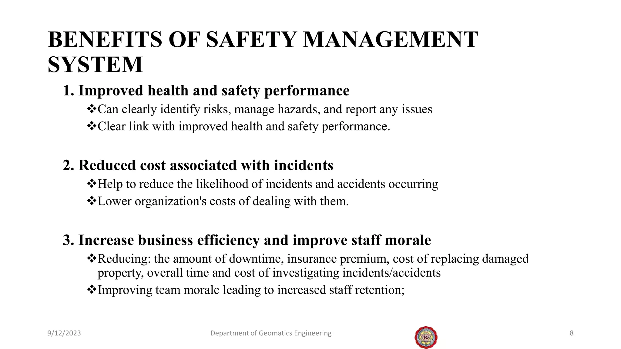 SAFETY MANAGEMENT ISSUES, BENEFITS AND CHALLENGES.pptx