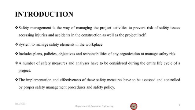 SAFETY MANAGEMENT ISSUES, BENEFITS AND CHALLENGES.pptx | Civil ...