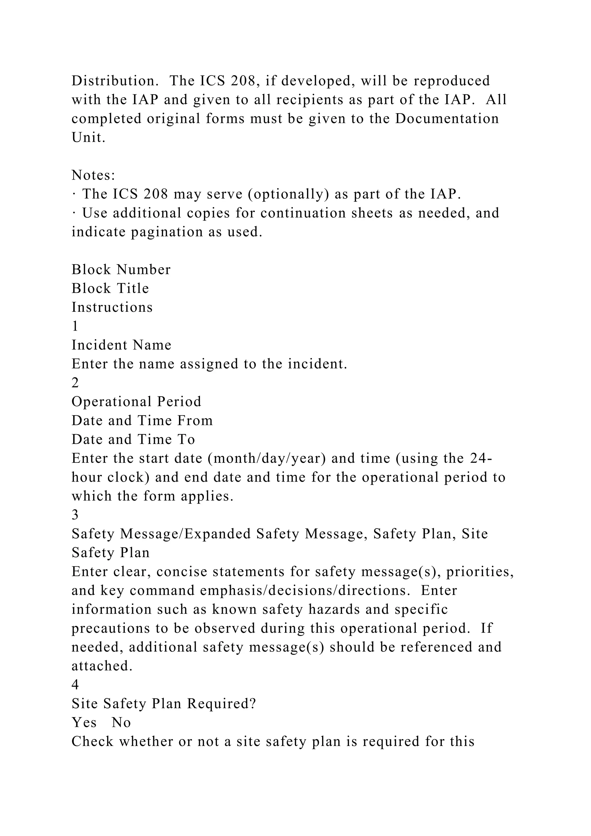 Safety MessagePlan (ICS 208)1. Incident Name2. Operati.docx