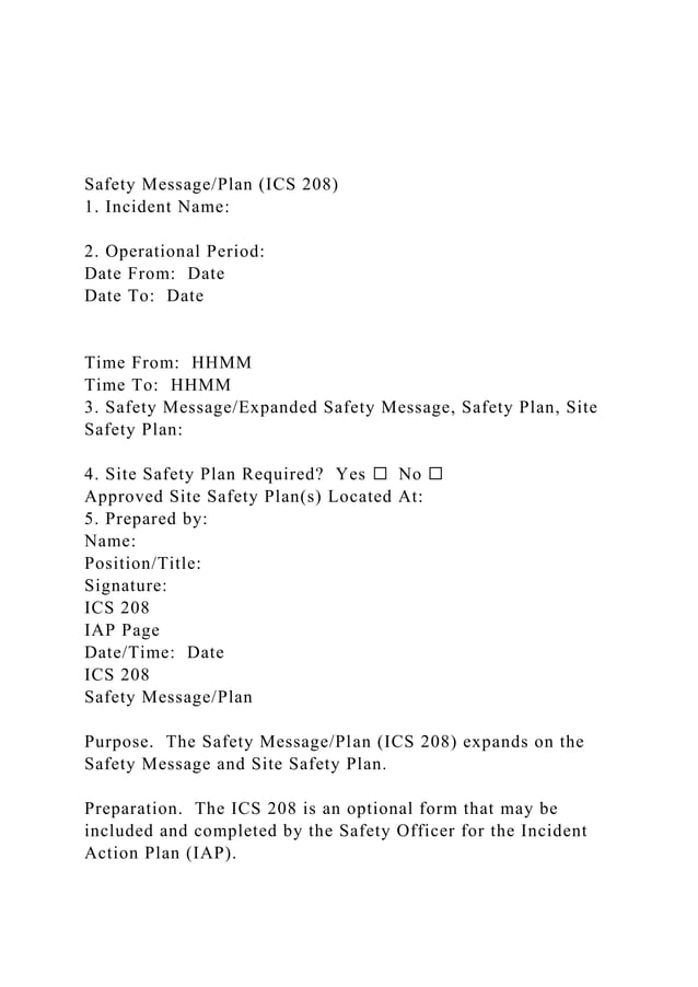 Safety Messageplan Ics 208 1 Incident Name2 Operati Docx