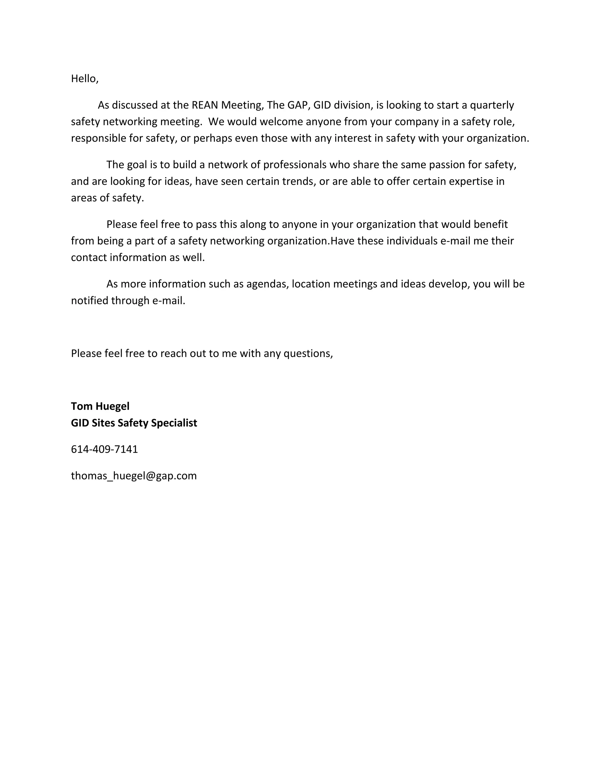 Safety networking letter | DOCX