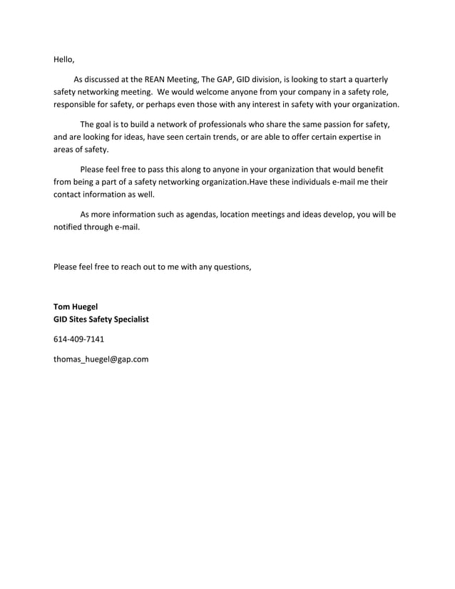Safety networking letter | DOCX