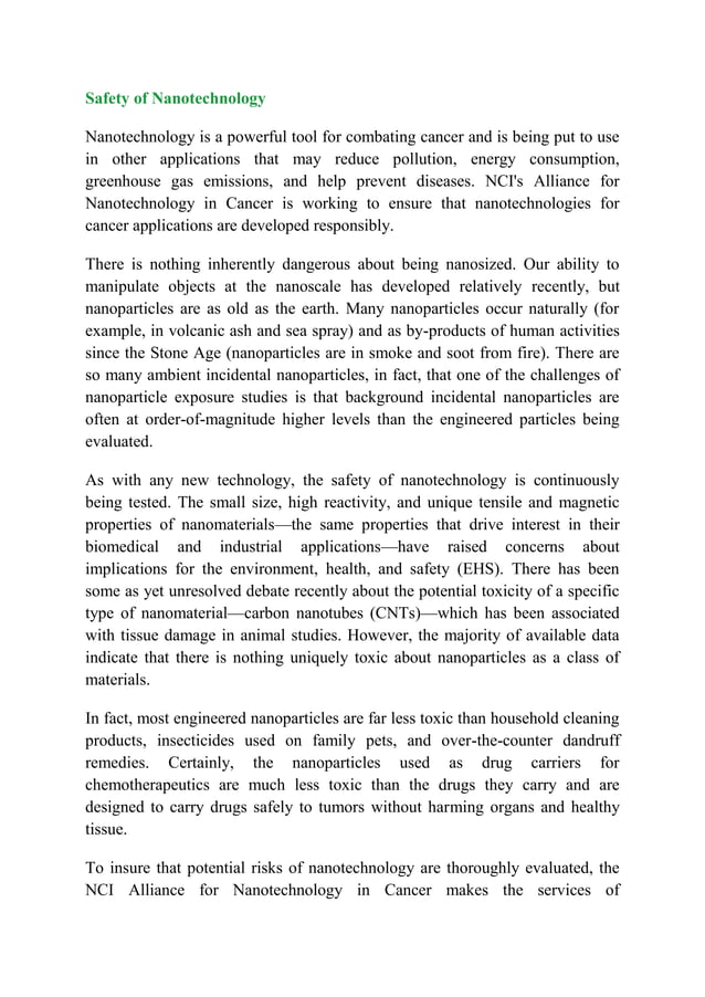 Safety of nanotechnology | DOCX | Chemistry | Science