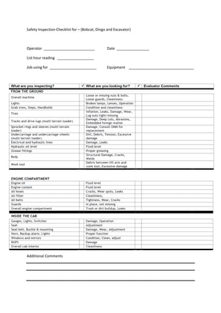 Safety Inspection Checklist for – (Bobcat, Dingo and Excavator) | PDF