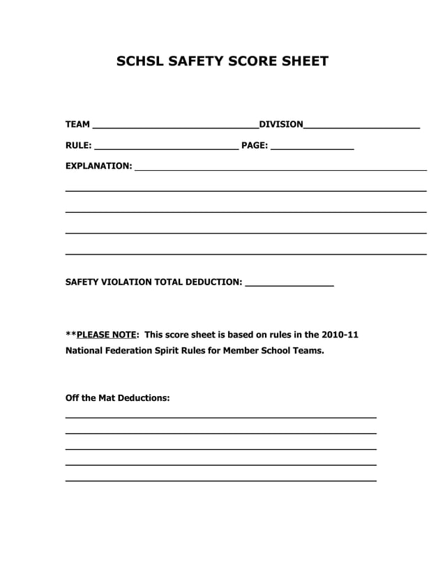 Safety score sheet for nfhs rules | DOC