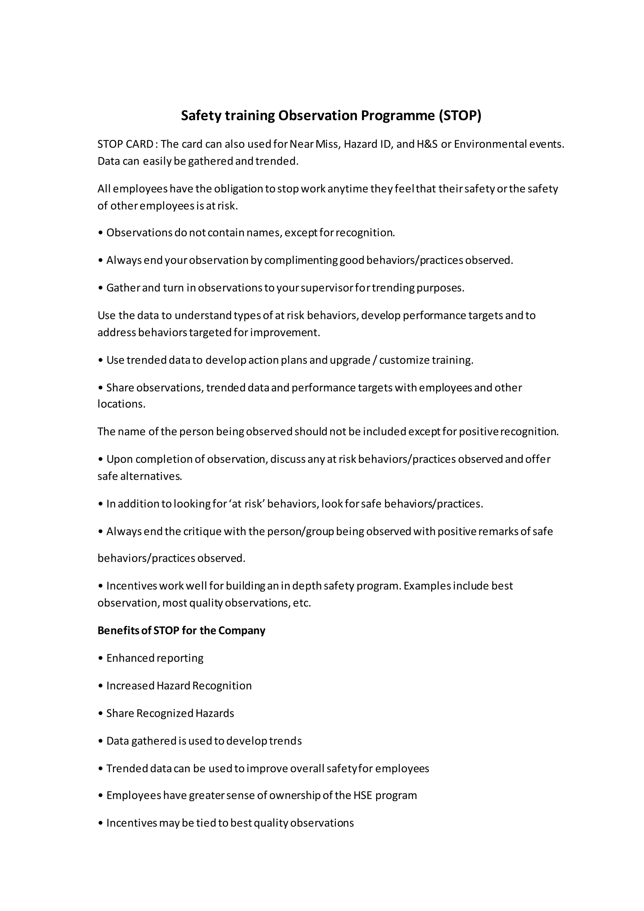 Safety training observation programme (STOP) | DOCX