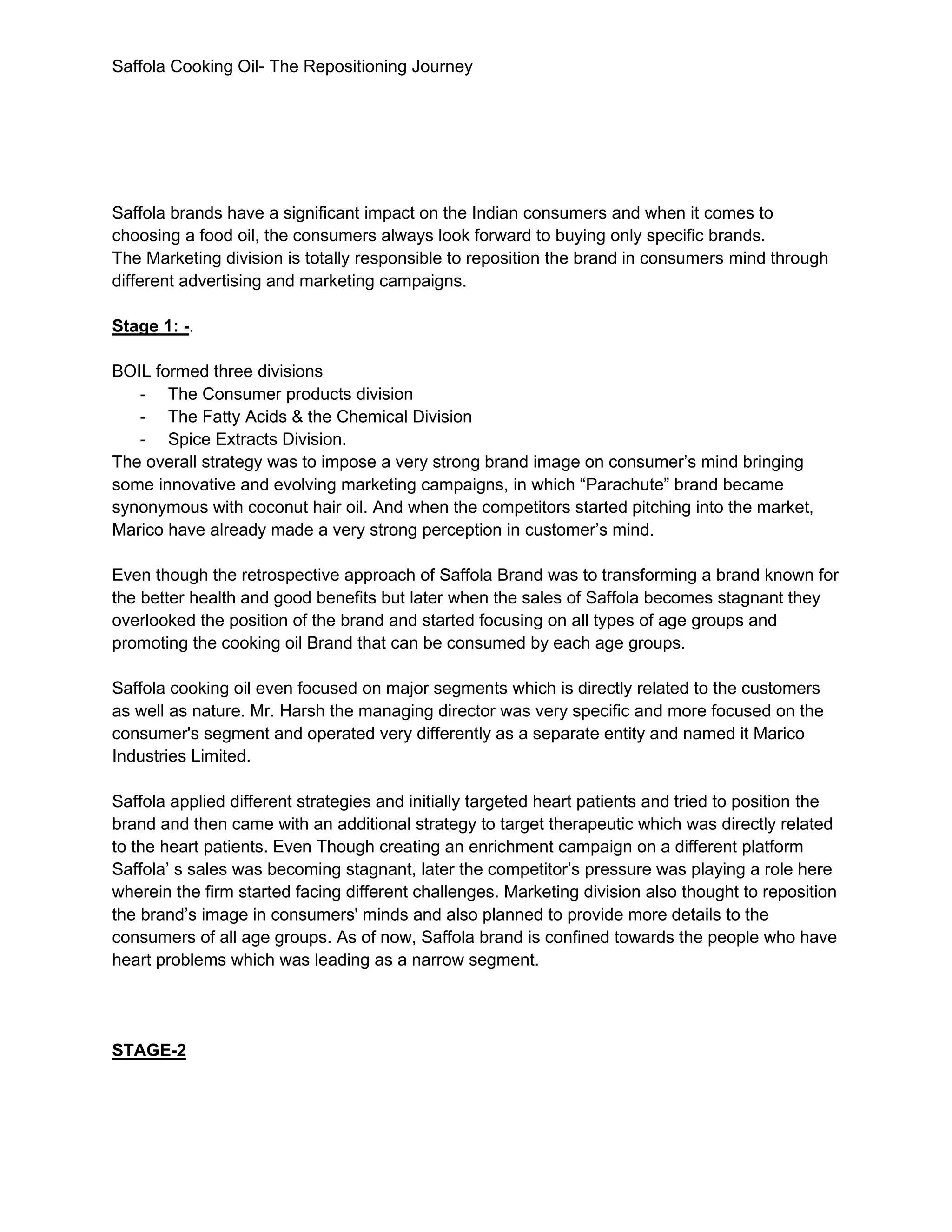 Saffola cooking oil the repositioning journey-sbm assignment | PDF