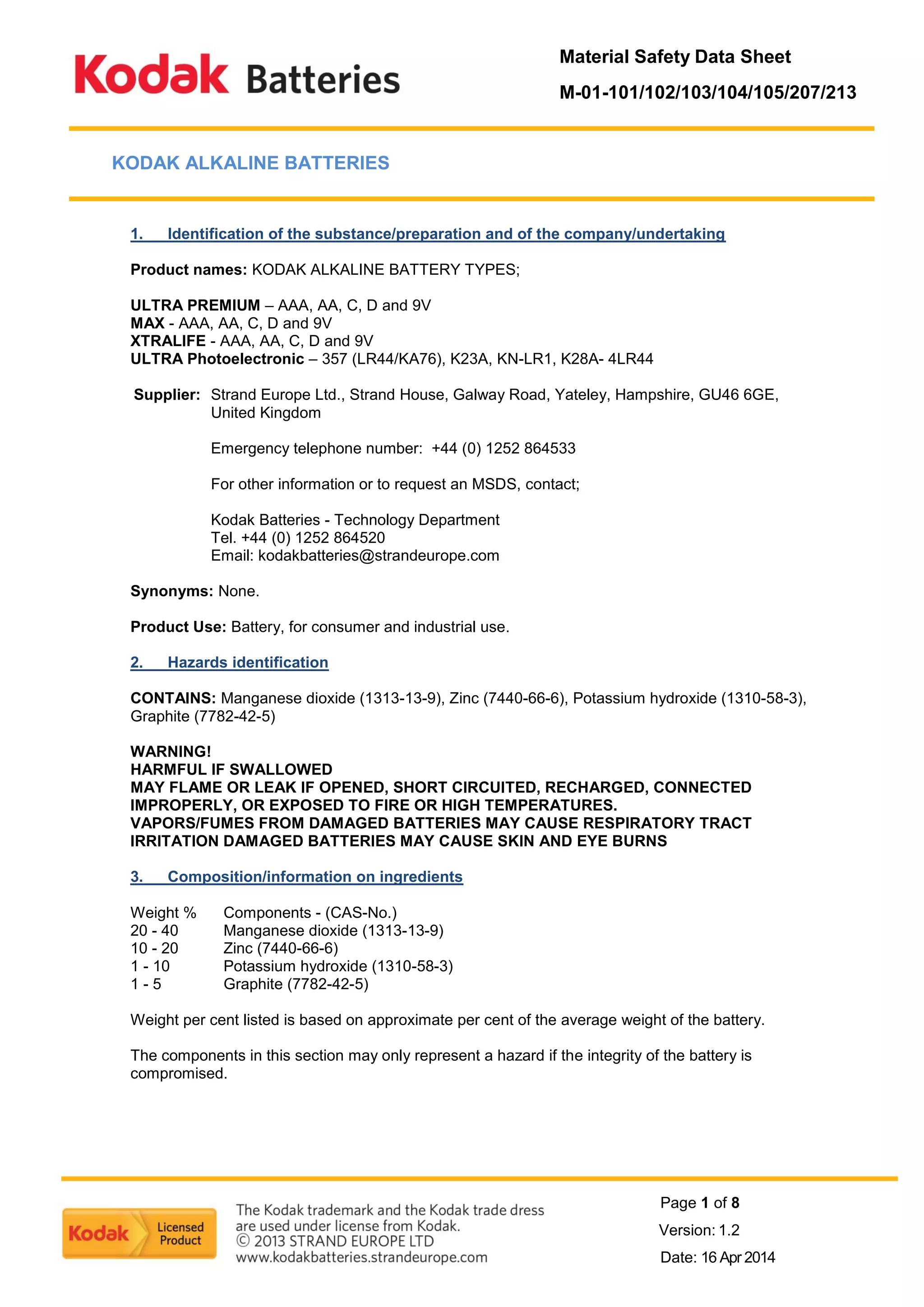 Ficha de seguridad de las pilas alcalinas Kodak MAX D LR20 | PDF