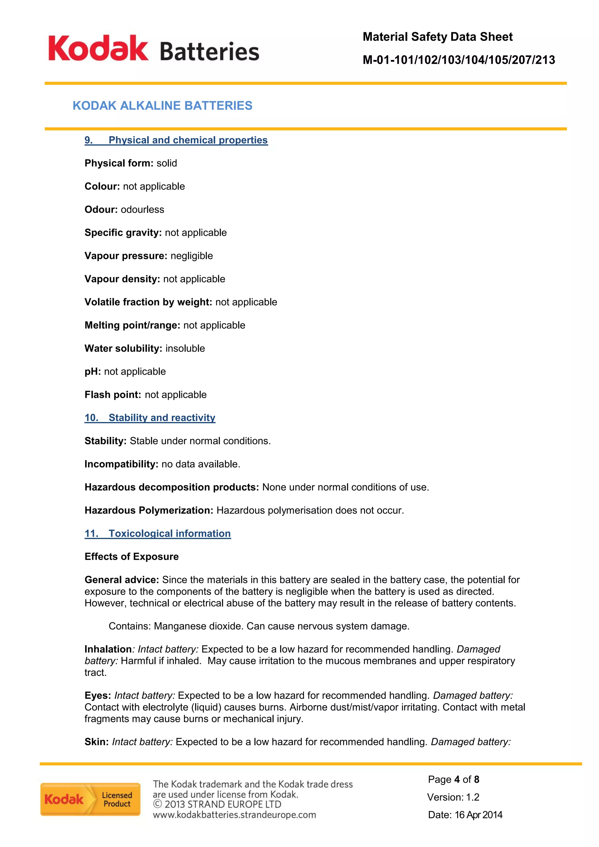 Ficha de seguridad de las pilas alcalinas Kodak MAX D LR20 | PDF