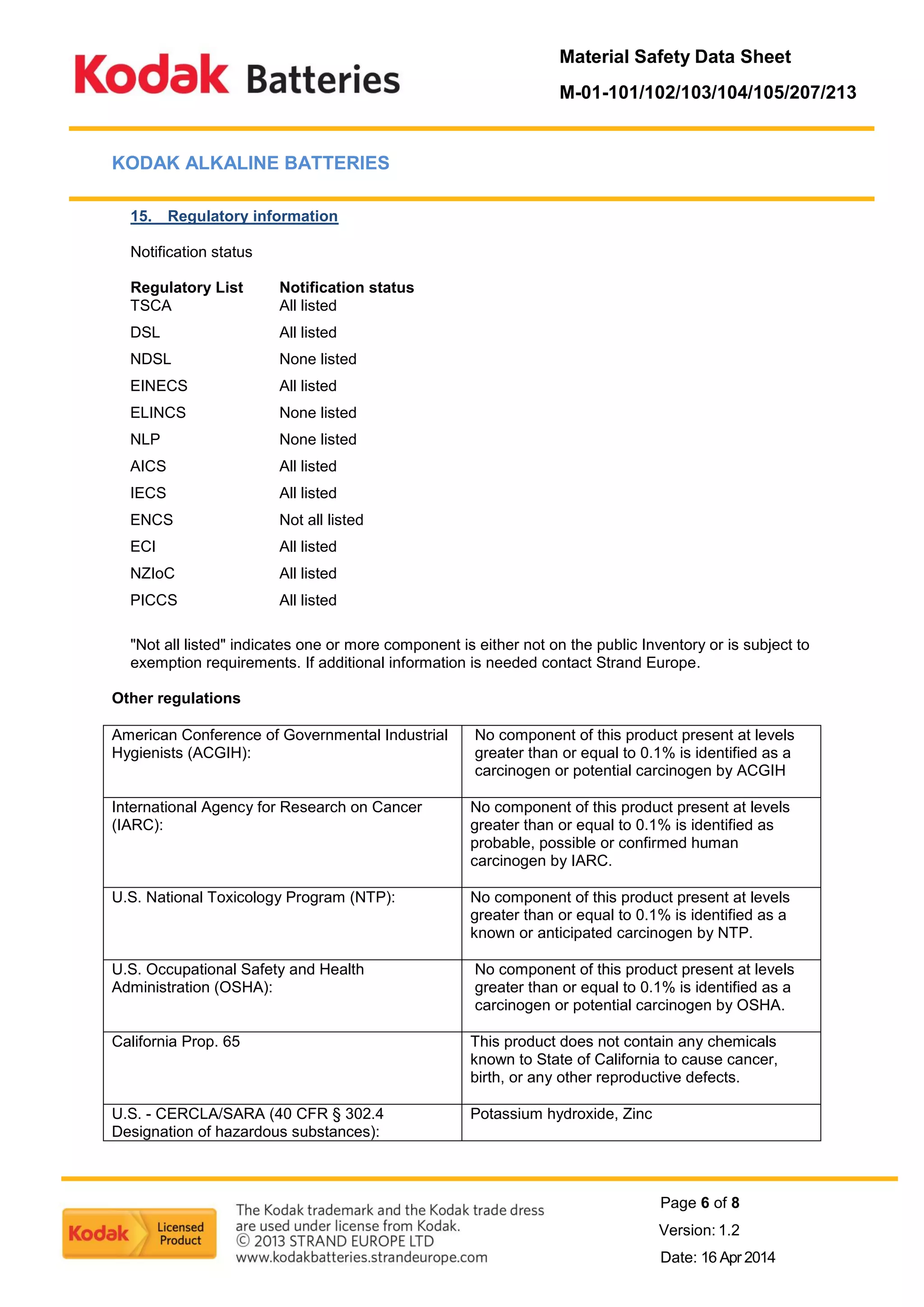 Ficha de seguridad de las pilas alcalinas Kodak MAX D LR20 | PDF