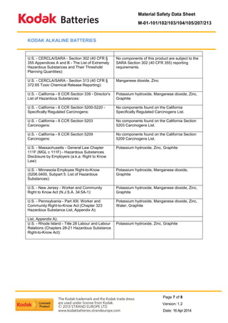 Ficha de seguridad de las pilas alcalinas Kodak MAX D LR20 | PDF