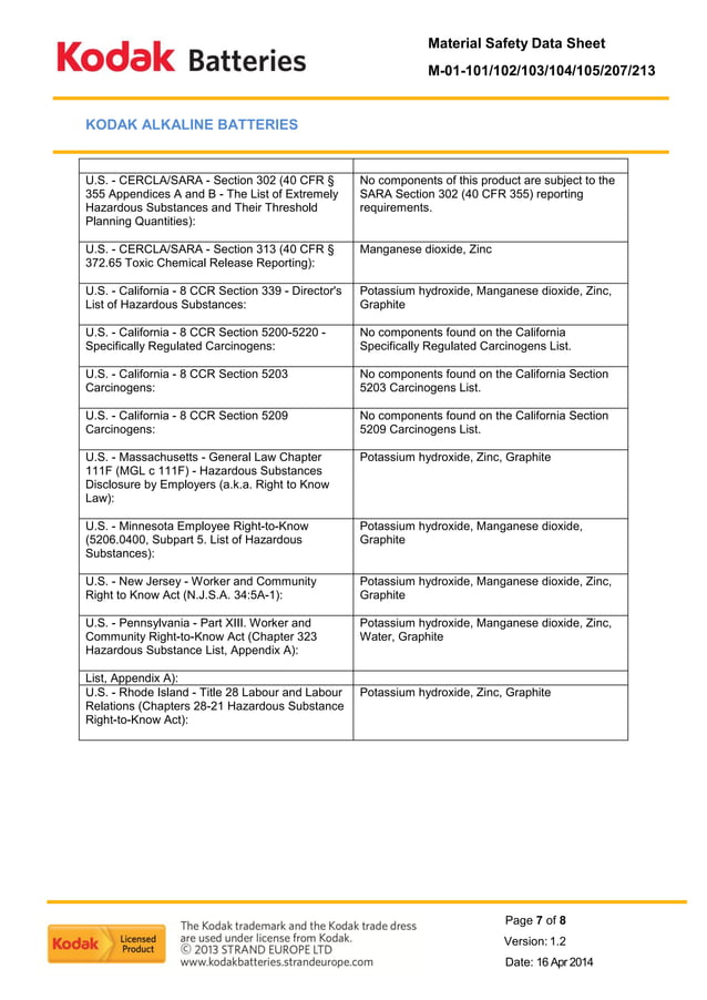 Ficha de seguridad de las pilas alcalinas Kodak MAX D LR20 | PDF