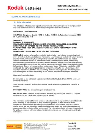Ficha de seguridad de las pilas alcalinas Kodak MAX D LR20 | PDF