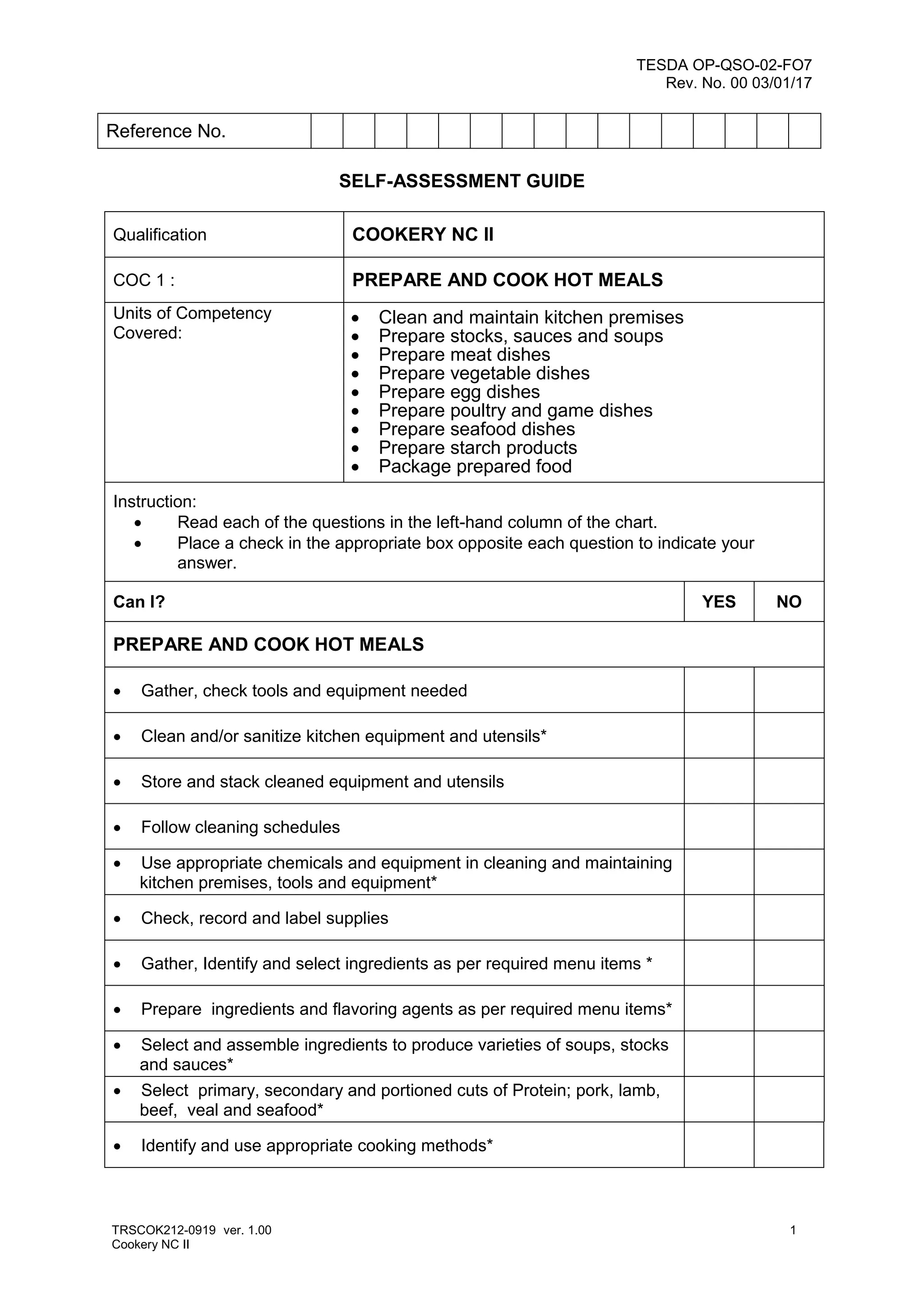 SAG - Cookery NC II pdf self assessment | PDF