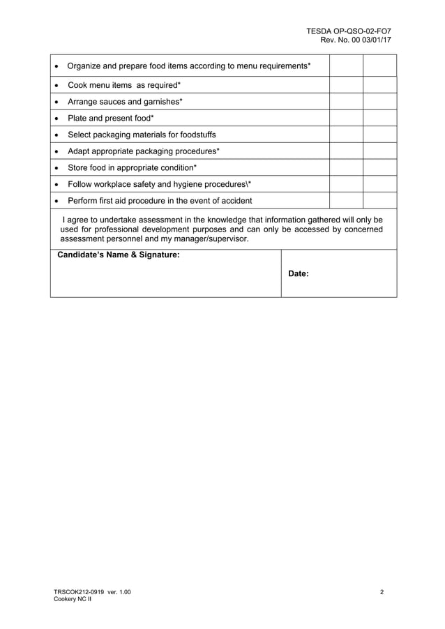 SAG - Cookery NC II pdf self assessment | PDF