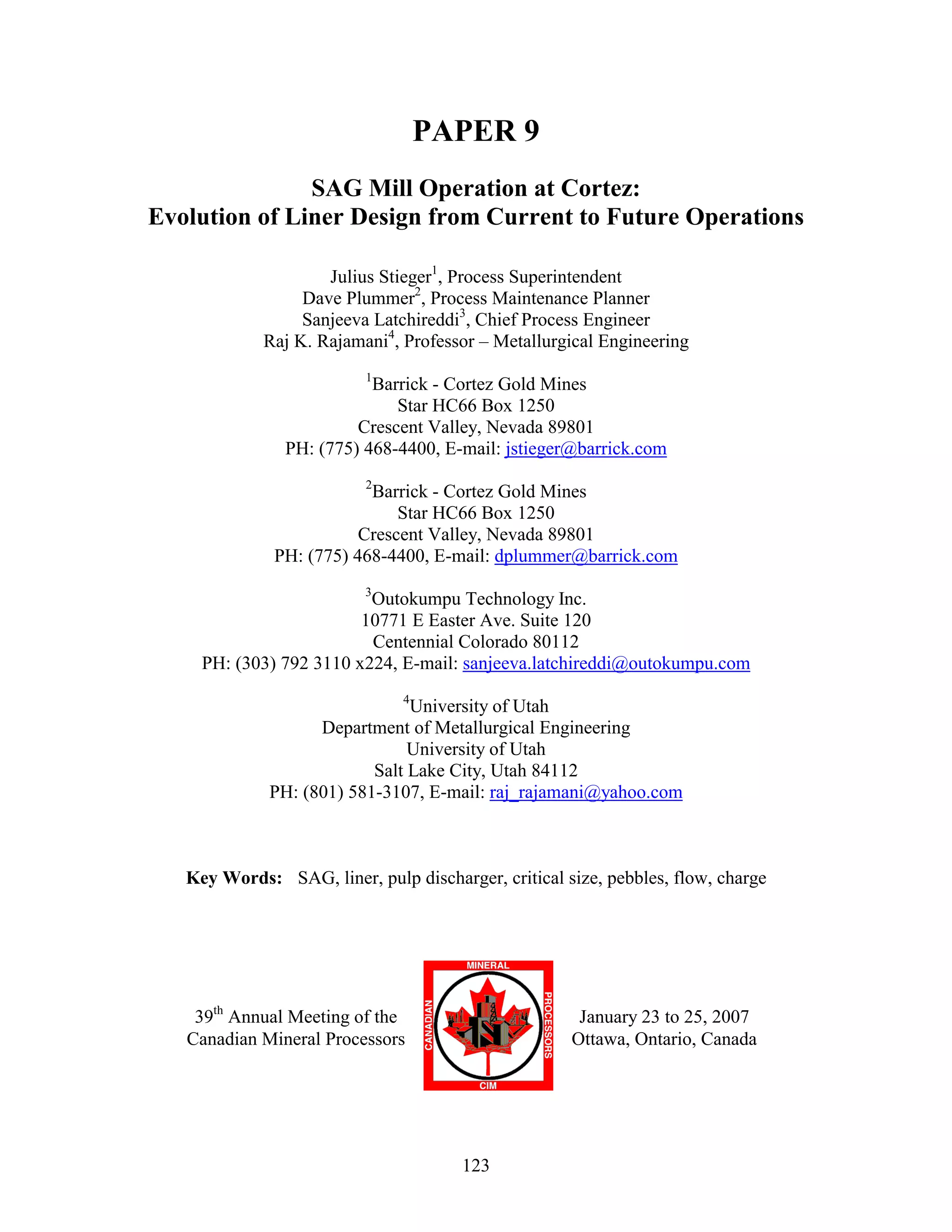 Sag mill-operation-at-cortez evolution-of-liner-d-11 | PDF