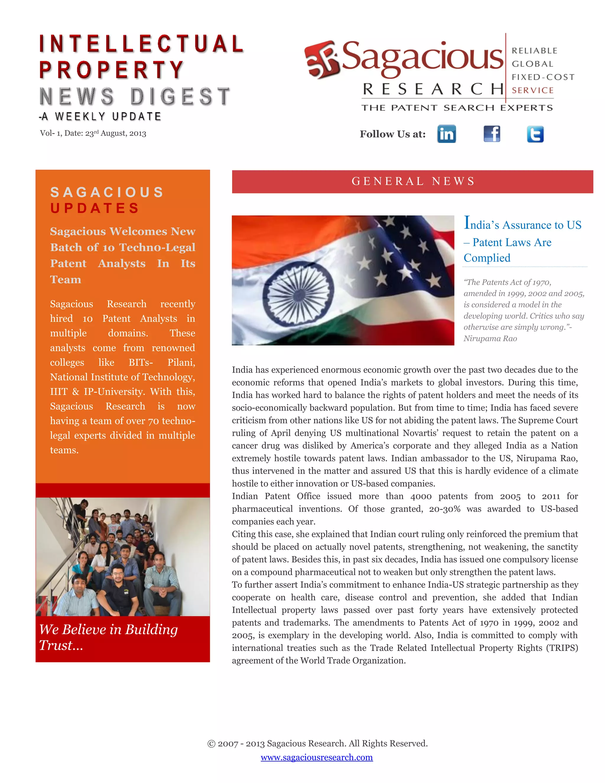 Sagacious research newsletter-23rd aug-2013 | PDF