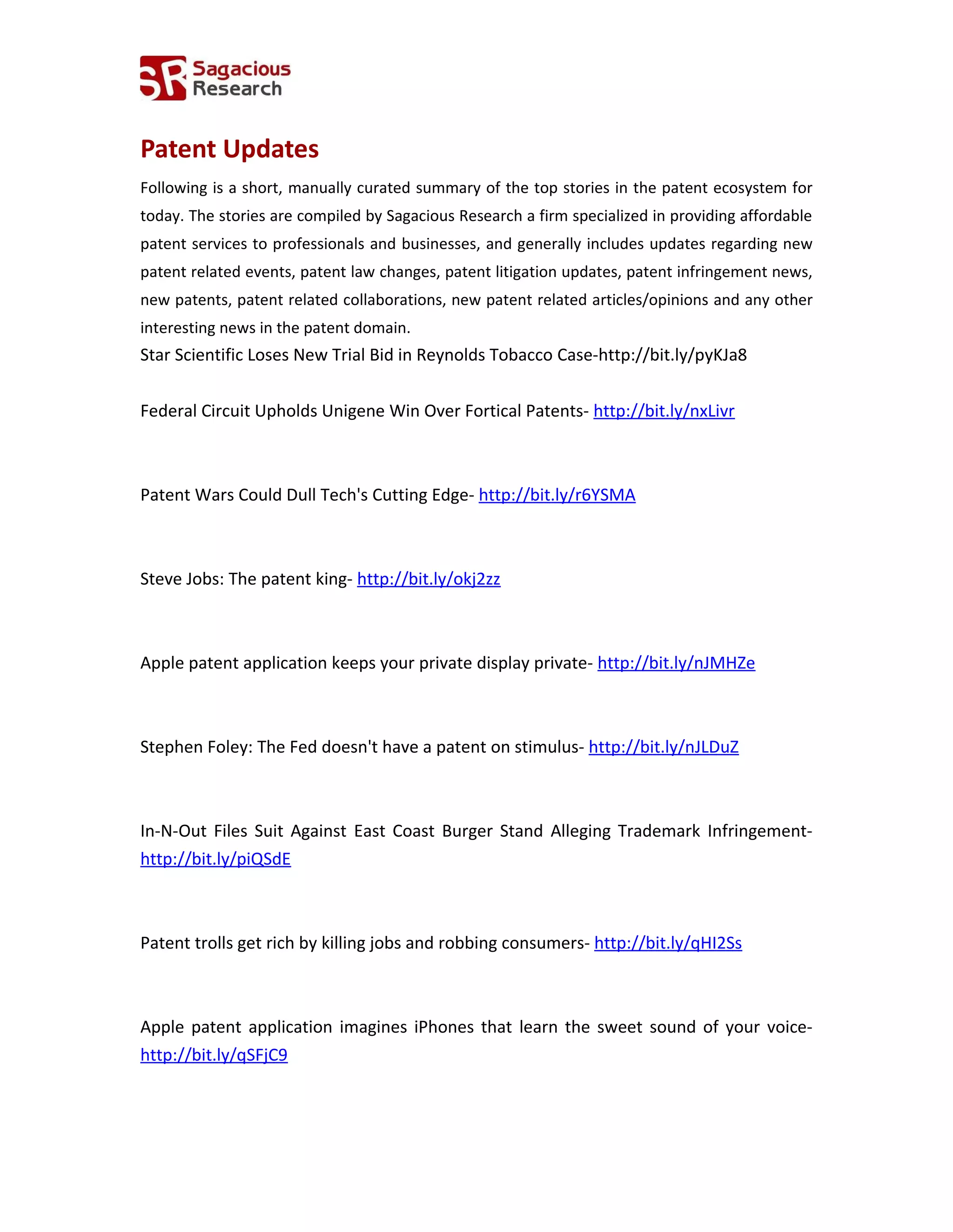 Sagacious research patent trademark updates | PDF